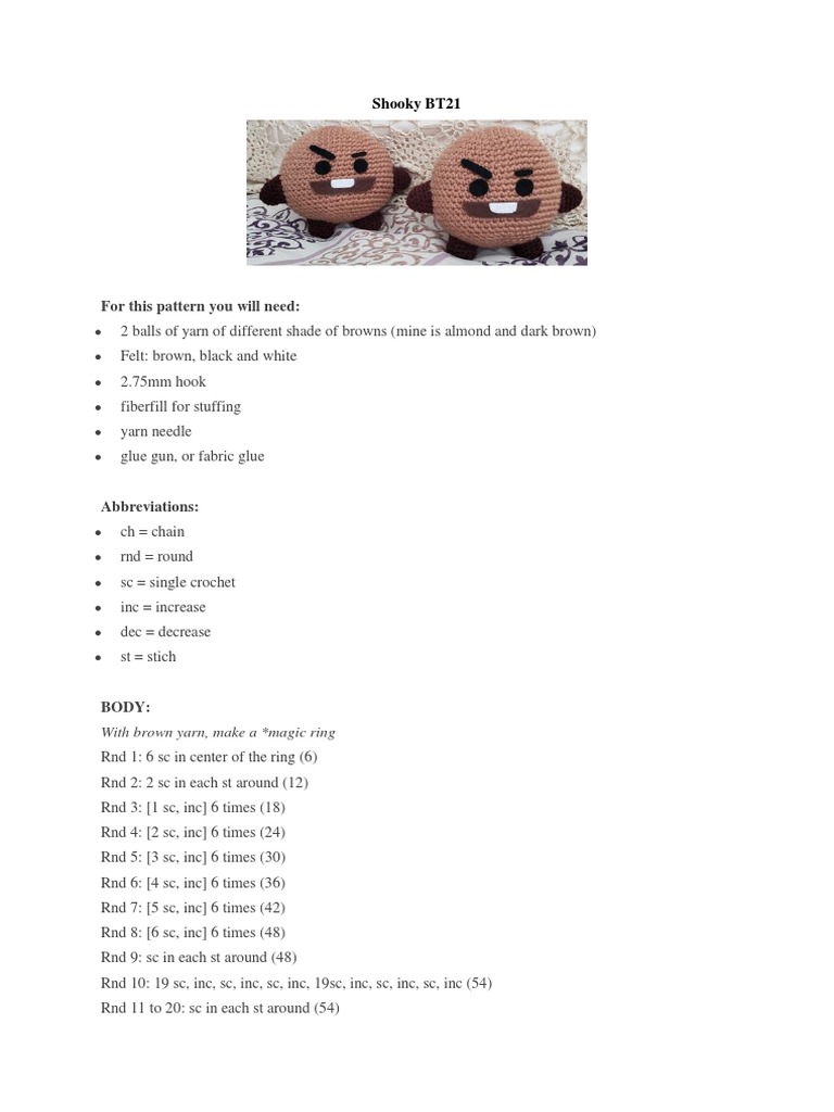 Shooky BT21 Crochet Pattern | PDF | Decorative Arts | Crafts