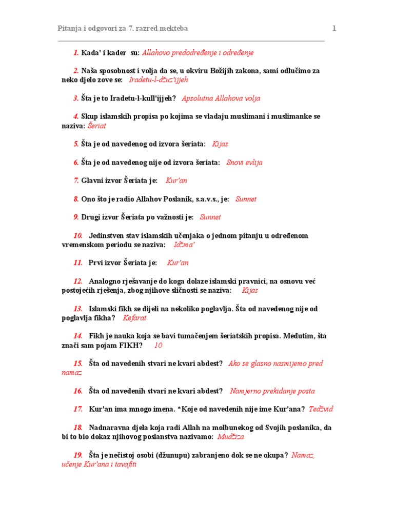 7.razred - Pitanja I Odgovori384866003 | PDF