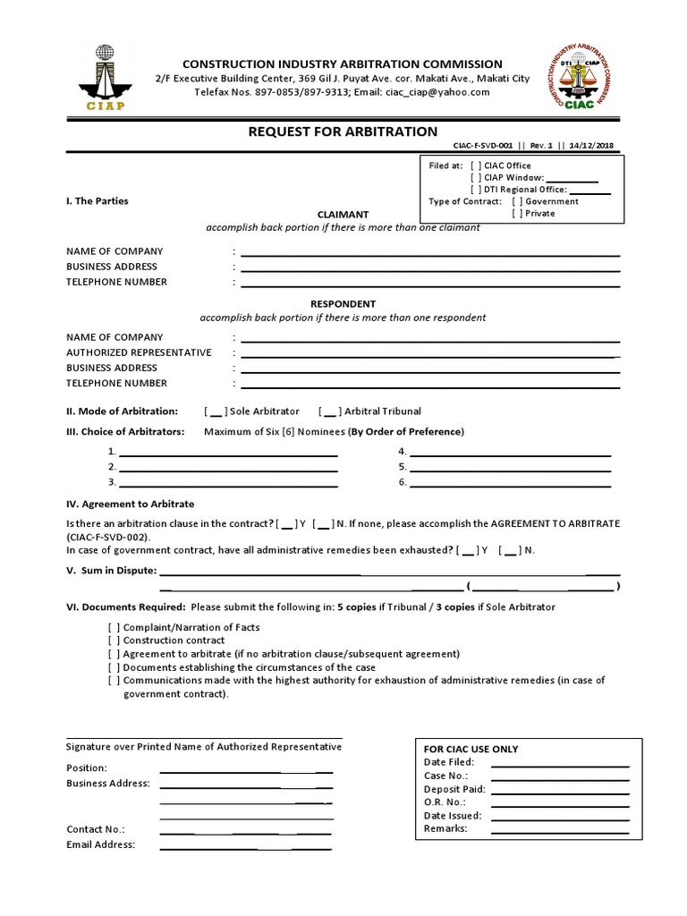 CIAC Request for Arbitration Form | PDF | Arbitration | Judiciaries