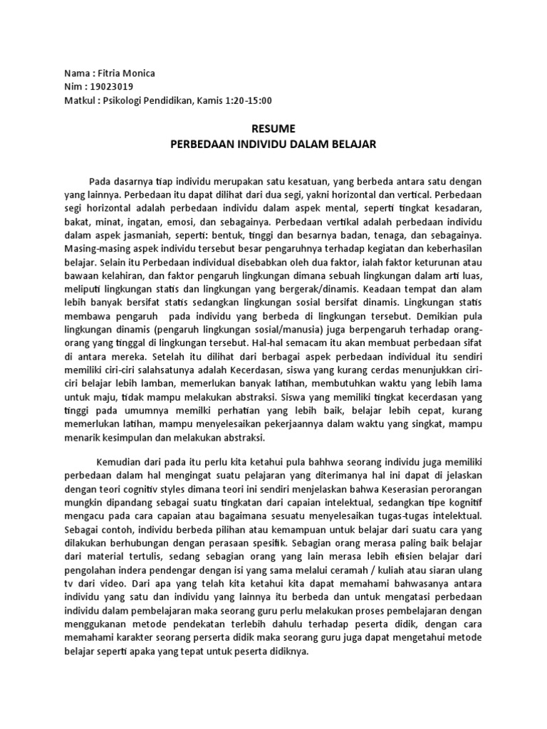 Resume Perbedaan Individu Dalam Belajar | PDF | Karier & Perkembangan | Pengembangan Diri