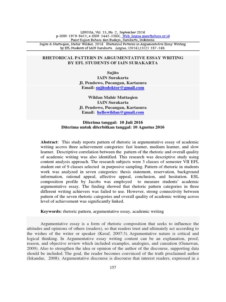 Rhetorical Pattern in Argumentative Essay Writing | PDF | Essays | Rhetoric