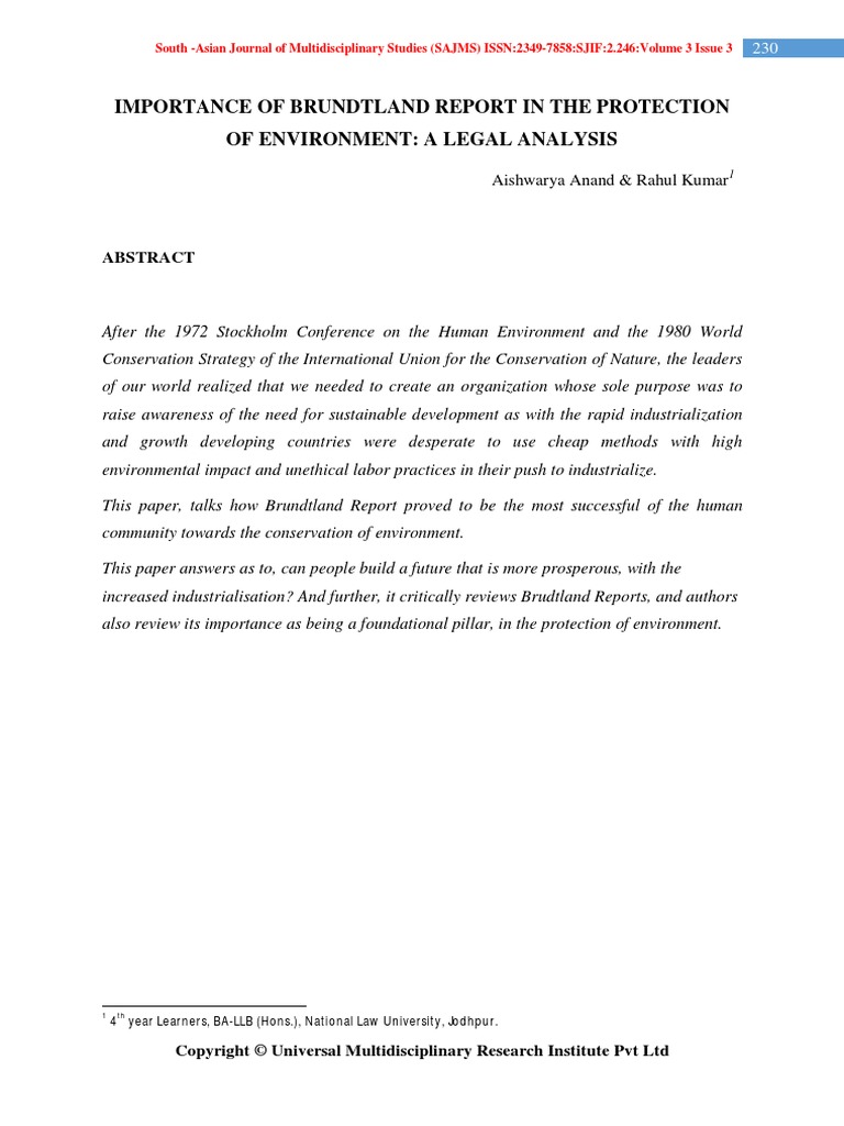Importance of Brundtland Report in The Protection of Environment: A ...