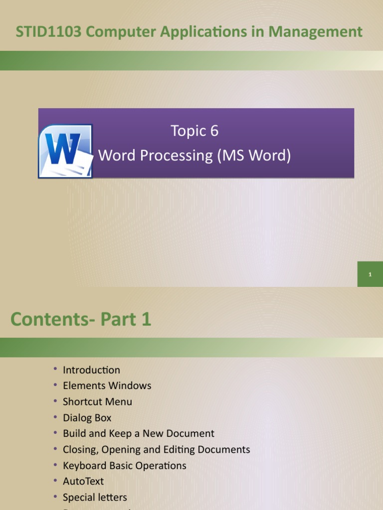 STID1103 Computer Applications in Management: Topic 6 Word Processing ...