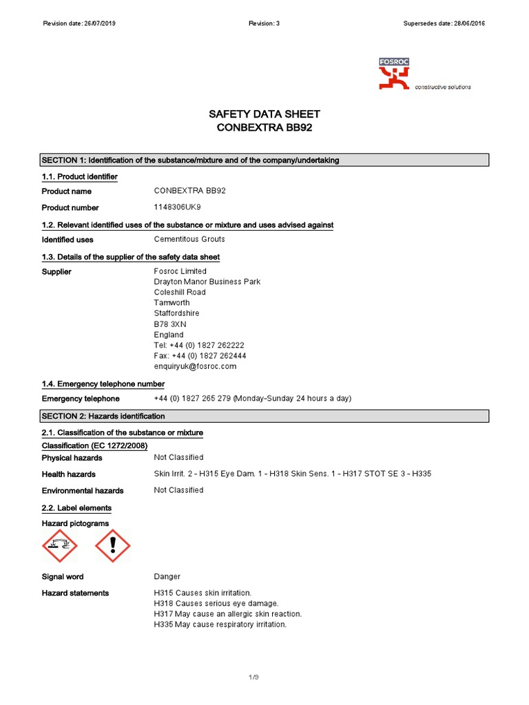 Conbextra BB92 Safety Data Sheet | PDF | Dangerous Goods | Safety