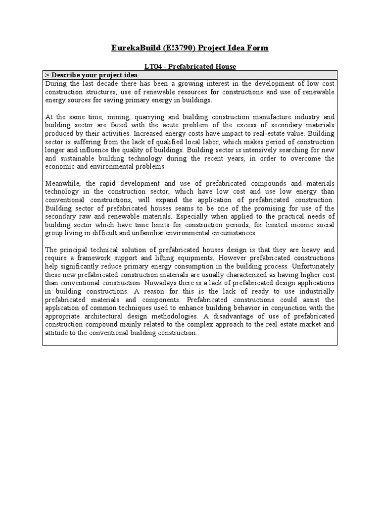 Eurekabuild (E!3790) Project Idea Form | PDF | Innovation | Sustainability