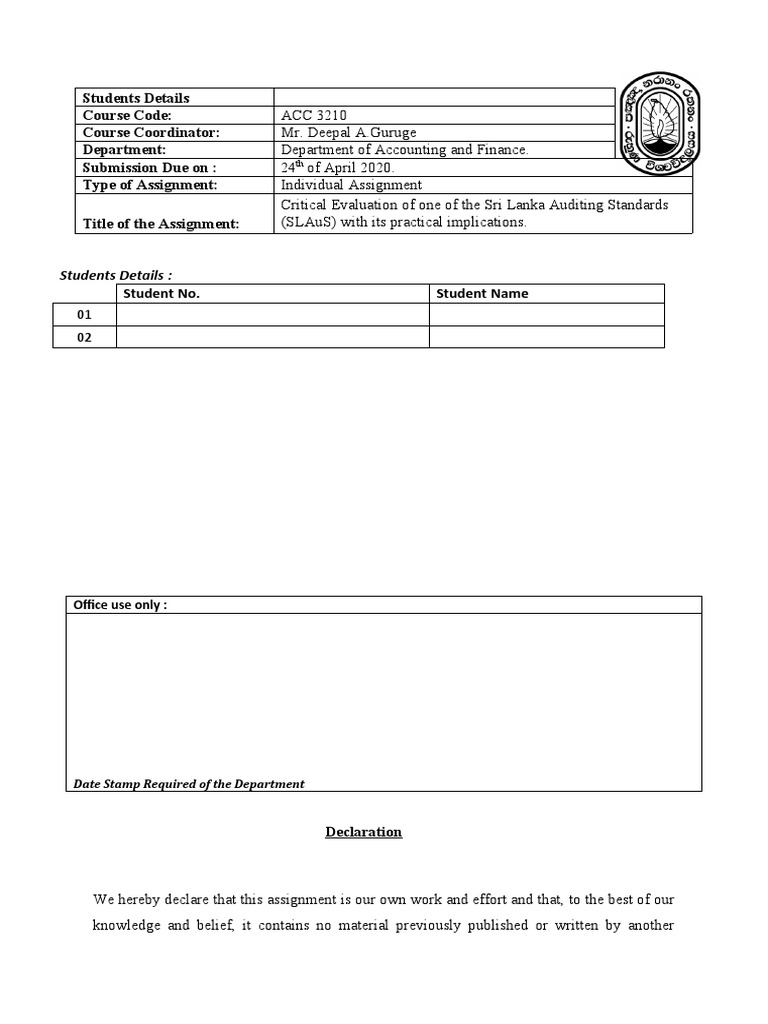 Critical Evaluation of One of The Sri Lanka Auditing Standards (SLAuS ...
