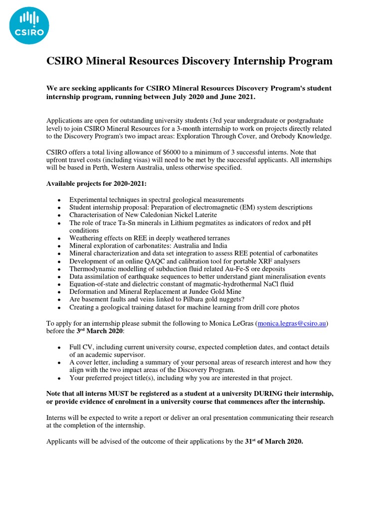 CSIRO Mineral Resources Discovery Internship Program 2020-21 | PDF ...