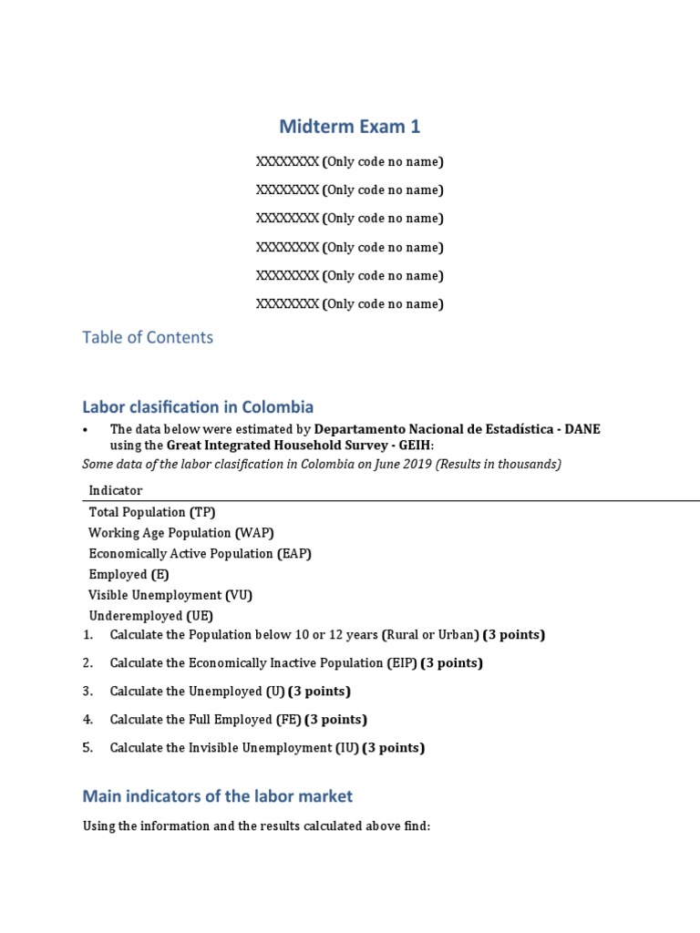Midterm Exam 1: Labor Clasification in Colombia | PDF | Unemployment ...