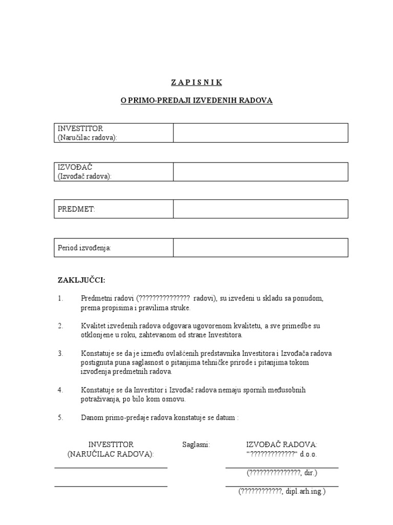 Zapisnik o Primopredaji Radova | PDF