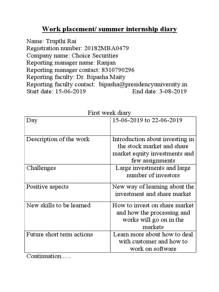 Work Placement/ Summer Internship Diary | PDF | Mutual Funds | Investing