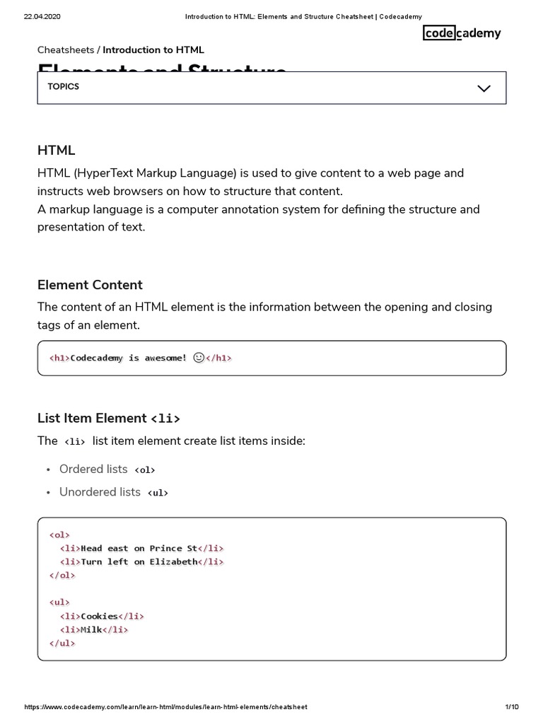 Introduction To Html Elements And Structure Cheatsheet Codecademy Pdf Html Element Html