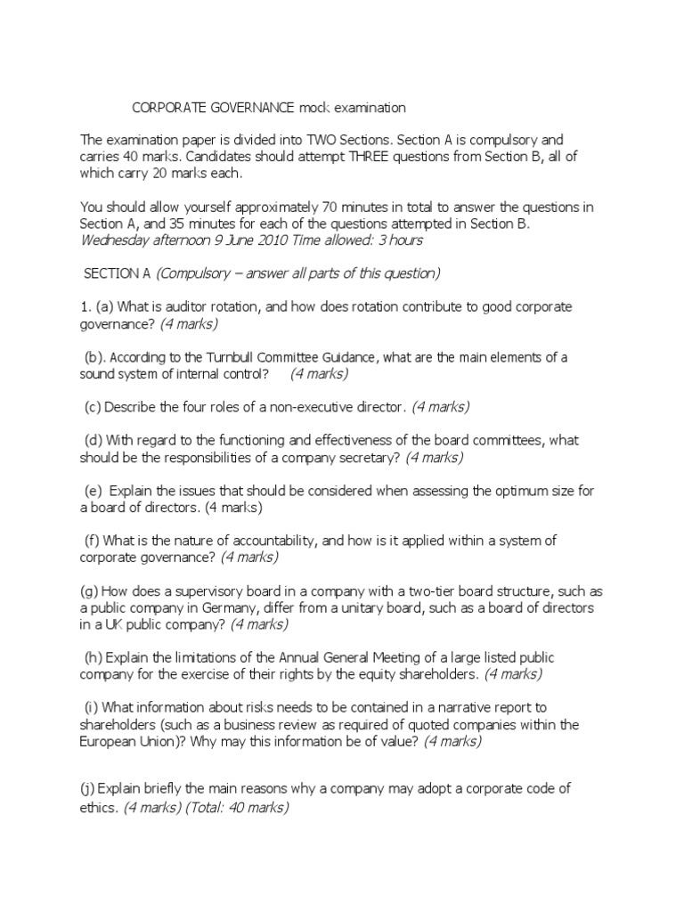 Corporate governance mock exam guide | PDF | Corporate Governance ...