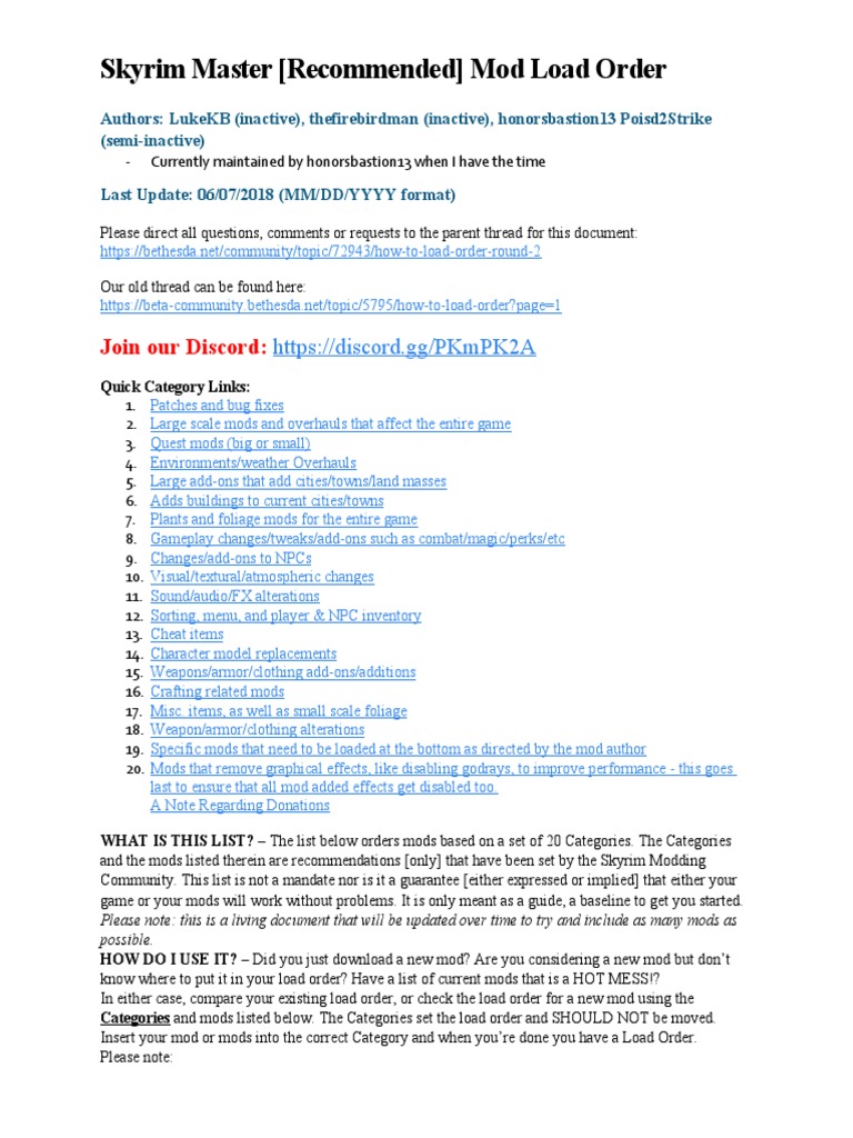 Skyrim Recommended Mod Load Order - Master | PDF | Leisure
