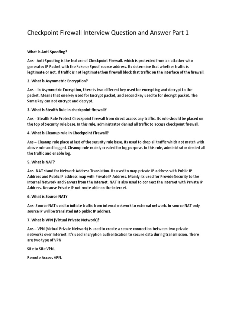 Checkpoint Firewall Interview Question and Answer Part 1 | PDF | Firewall (Computing) | Virtual ...