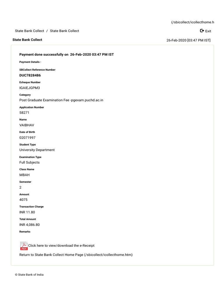 State Bank Collect: Payment Details: Sbcollect Reference Number | PDF
