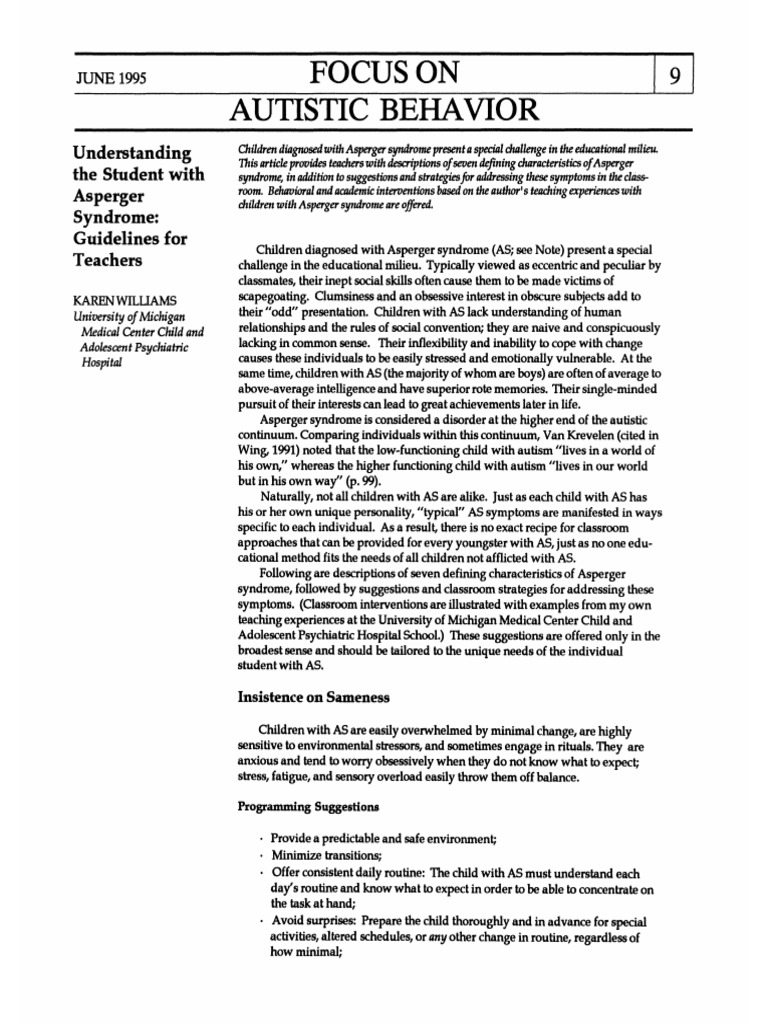 Focus On Autistic Behavior: Understanding The Student With Asperger ...