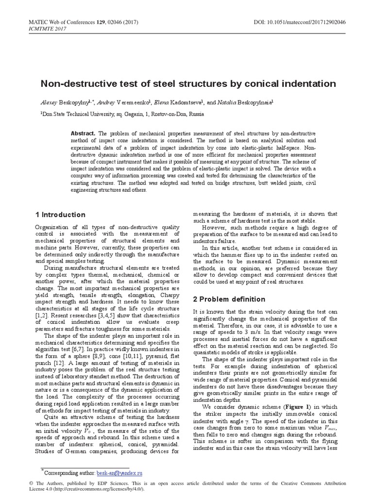 Non-Destructive Test of Steel Structures by Conical Indentation | PDF ...