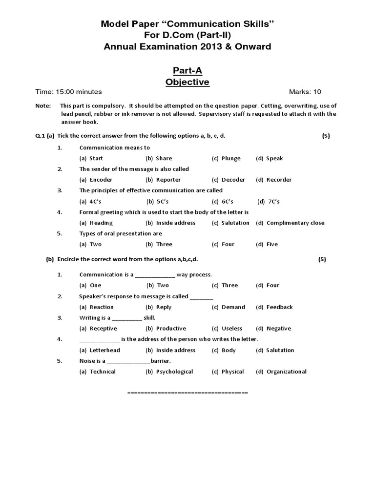 Model Paper "Communication Skills" Annual Examination 2013 & Onward ...
