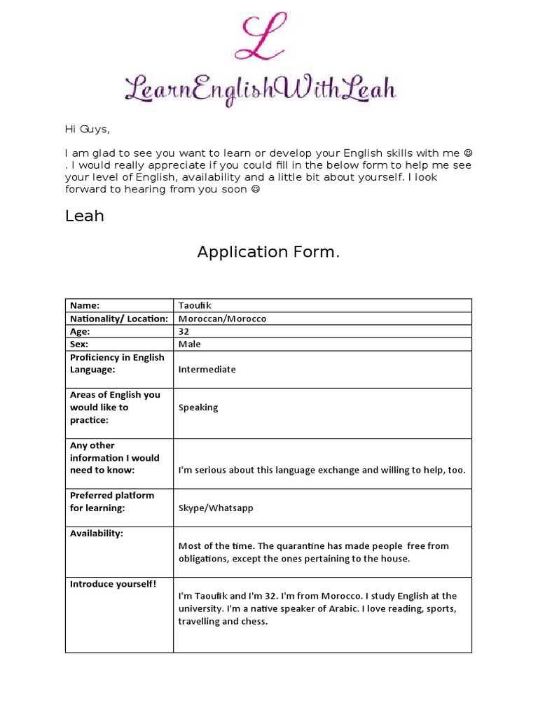 Leah Application Form | PDF
