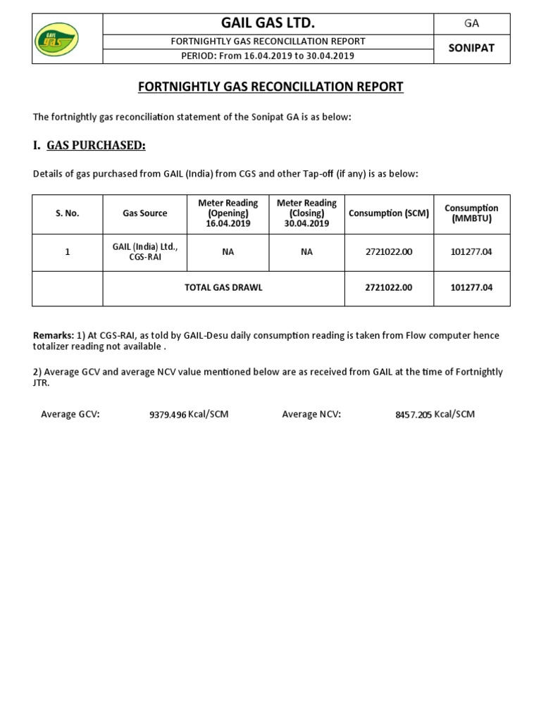 Gas Reconciliation Report For JUNE FF'19 | PDF | Fuels | Industrial Gases