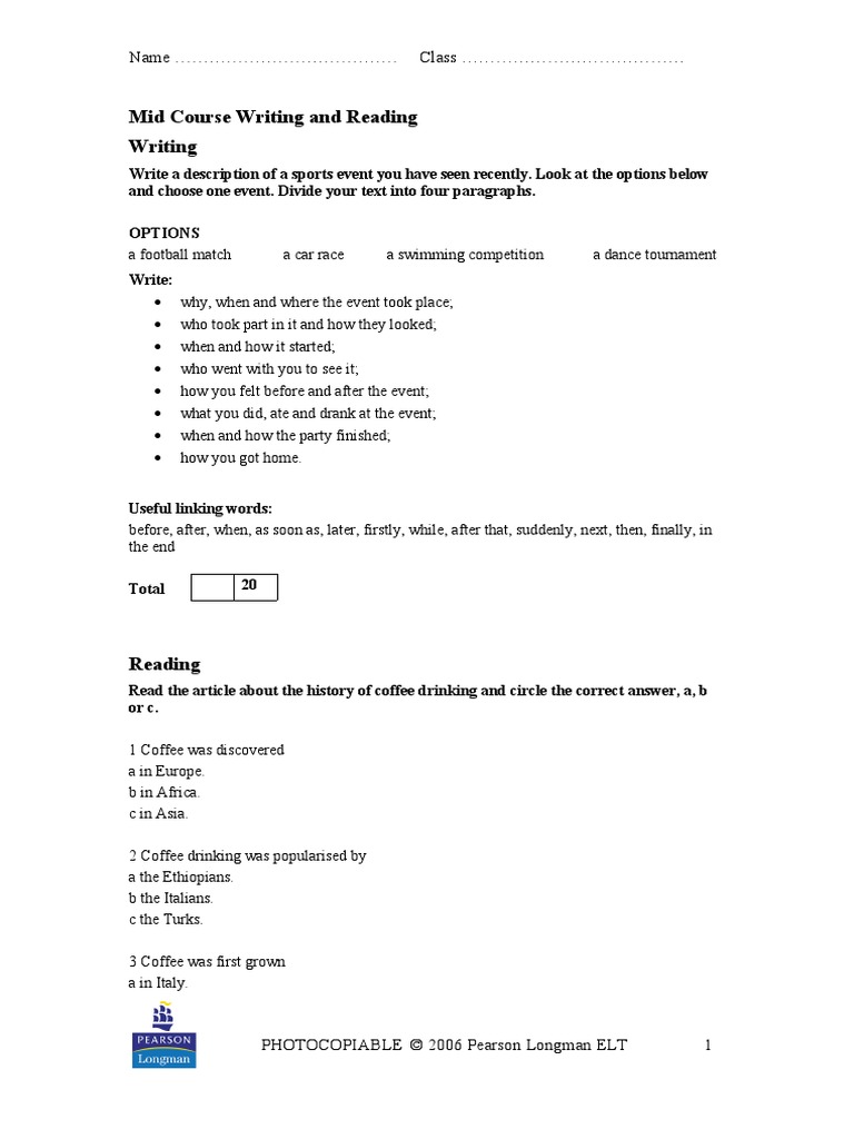 Mid Course Writing and Reading Test | PDF | Coffee | Drink