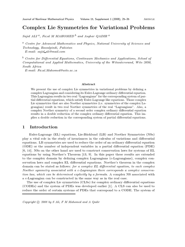 Complex Lie Symmetries For Variational Problems - Complex ODE To Real ...