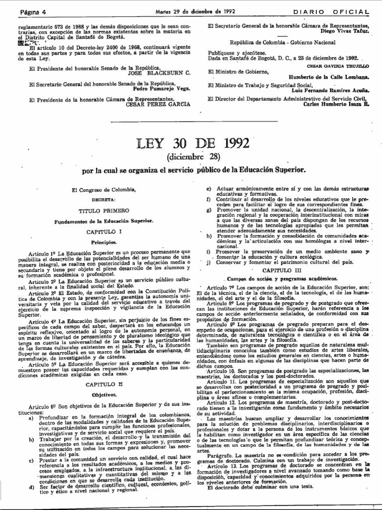 Ley 30 de 1992 (Organiza El Servicio Público de Educación Superior) PDF ...