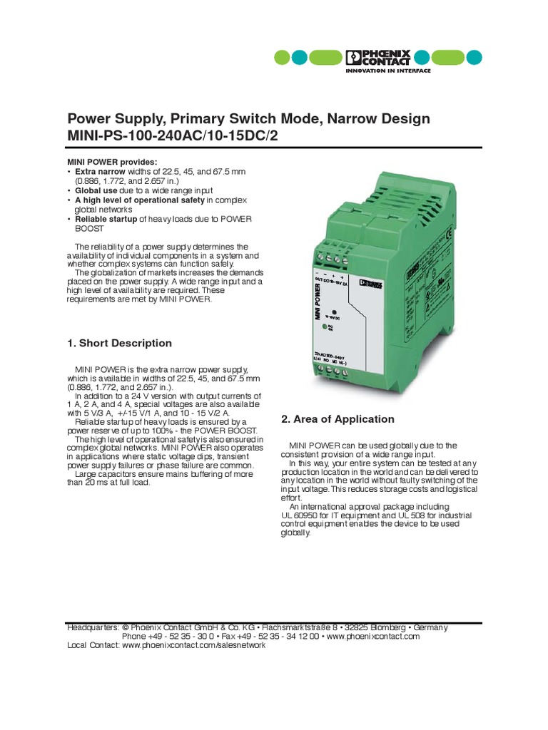 Power Supply, Primary Switch Mode, Narrow Design MINI-PS-100-240AC/10 ...