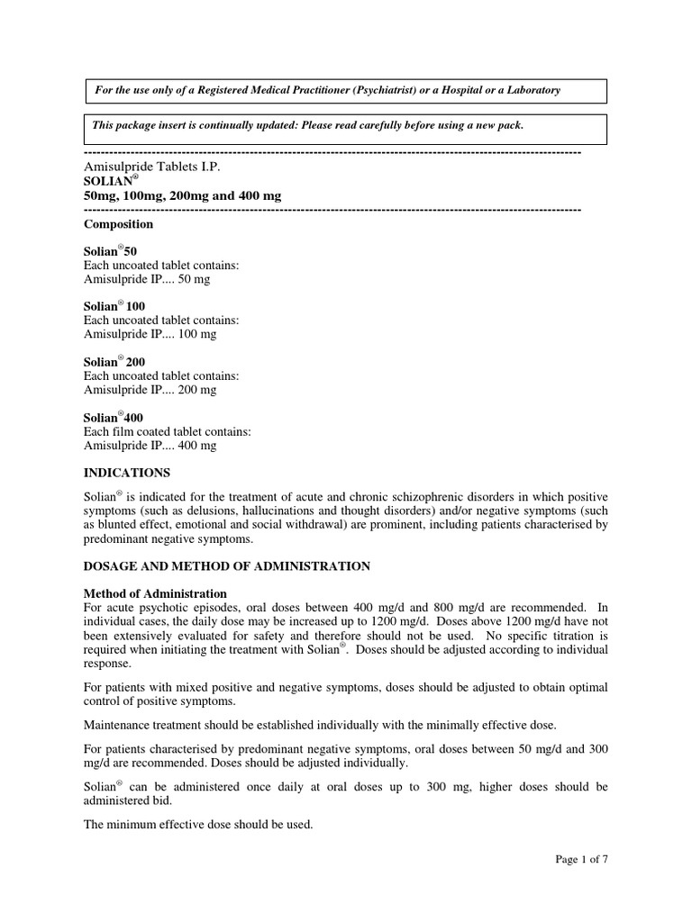 Amisulpride Tablets I.P.: 50mg, 100mg, 200mg and 400 MG | PDF ...