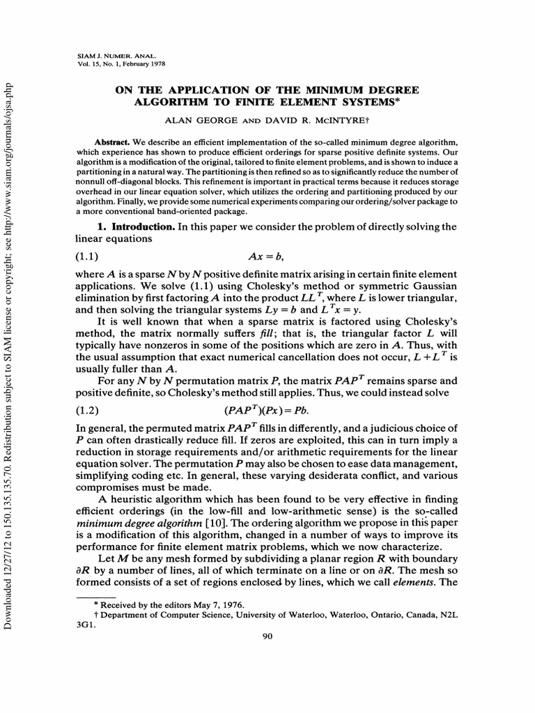 On The Application Of The Minimum Degree Algorithm To Finite Element Systems Pdf Finite 