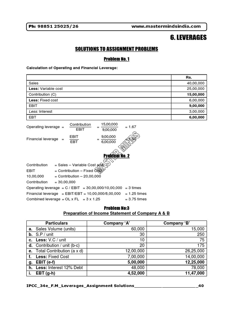 Leverages: Solutions To Assignment Problems | PDF | Revenue | Leverage (Finance)