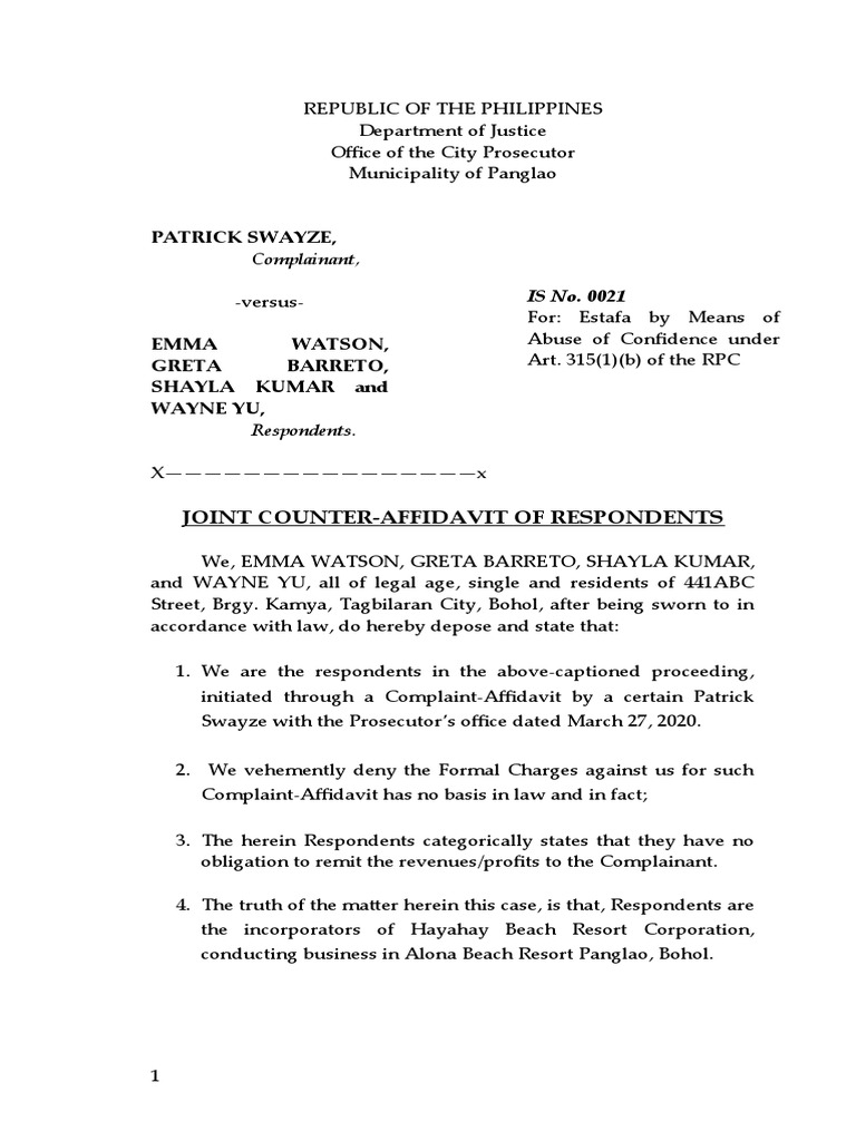 Patrick Swayze,: Joint Counter-Affidavit of Respondents | PDF ...