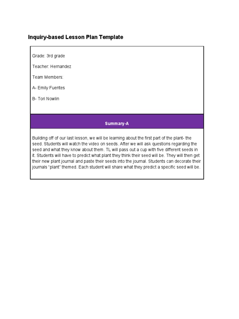 Inquiry-Based Lesson Plan Template: Summary-A | PDF | Educational ...