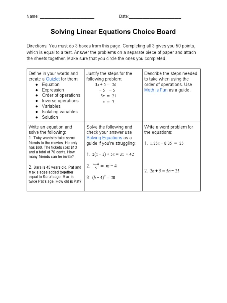 Solving Linear Equations Choice Board | PDF