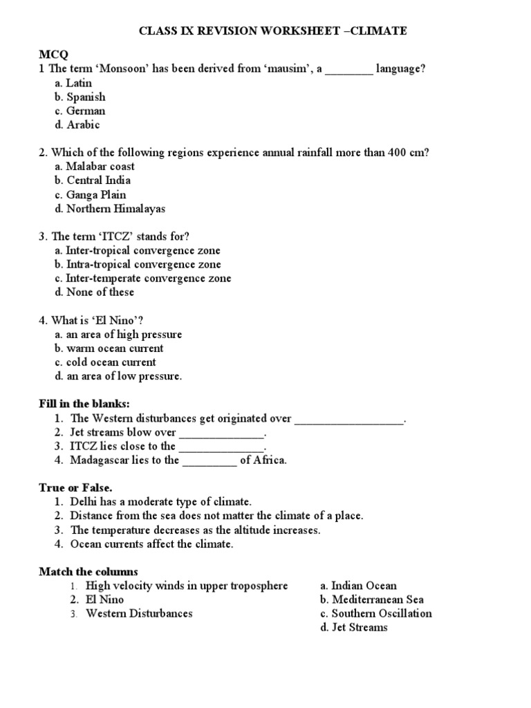 Class IX Climate Revision Worksheet | PDF | Monsoon | Jet Stream
