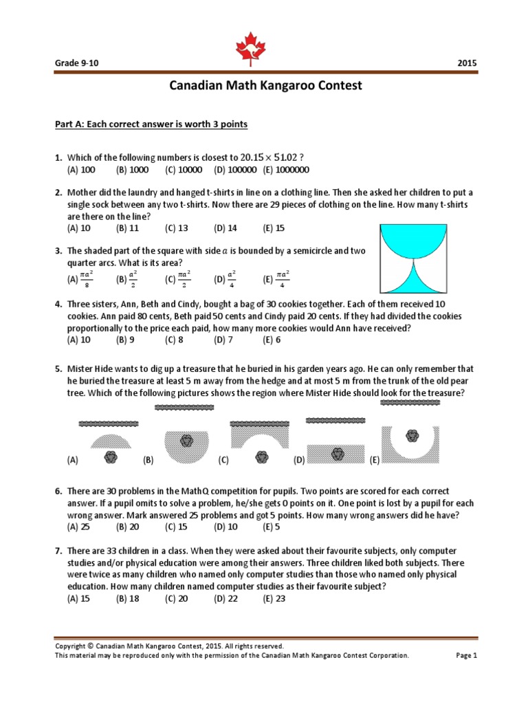 Canadian Math Kangaroo Contest: Part A: Each Correct Answer Is Worth 3 ...
