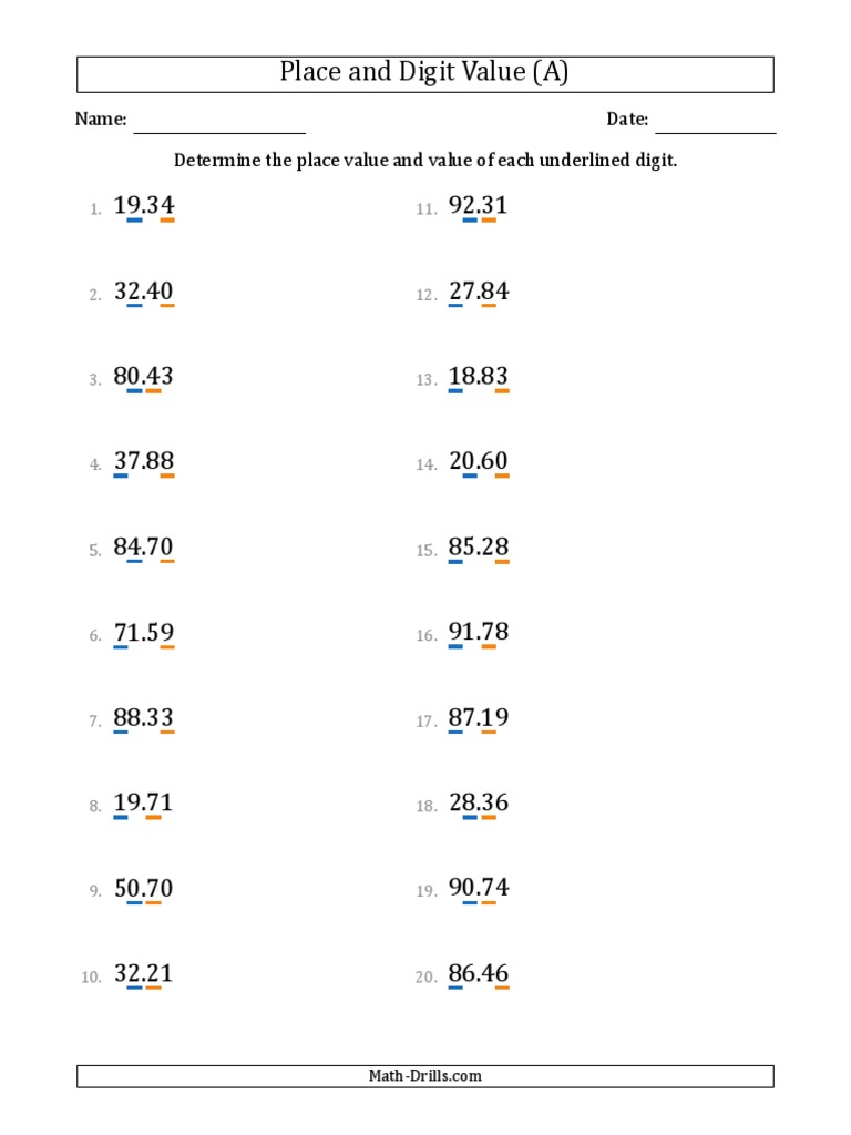 Name: Date: Determine The Place Value and Value of Each Underlined ...