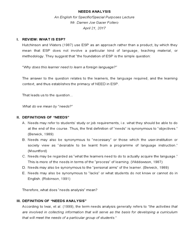 Understanding Needs Analysis in ESP | PDF | Foreign Language | Learning