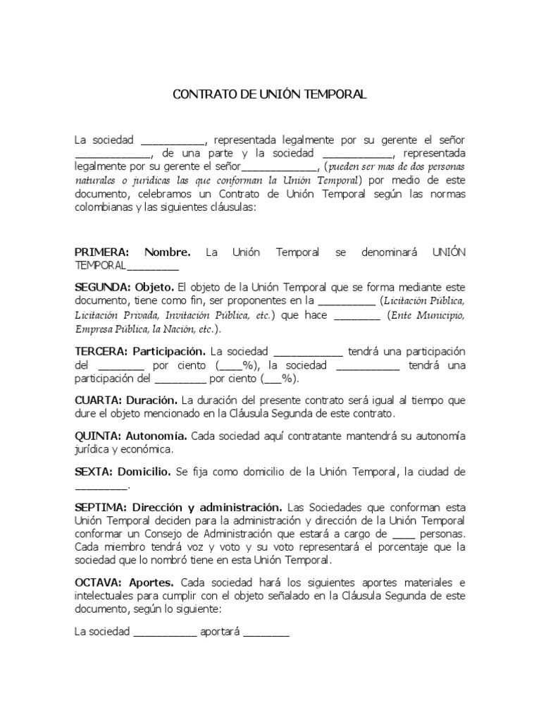 Contrato de Unión Temporal | PDF | Sociedad de responsabilidad limitada ...