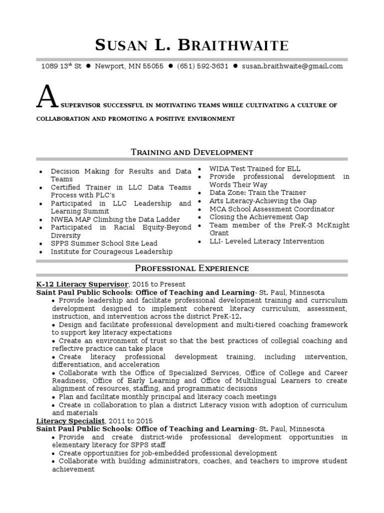 Susan Braithwaite Resume | PDF | Schools | Literacy