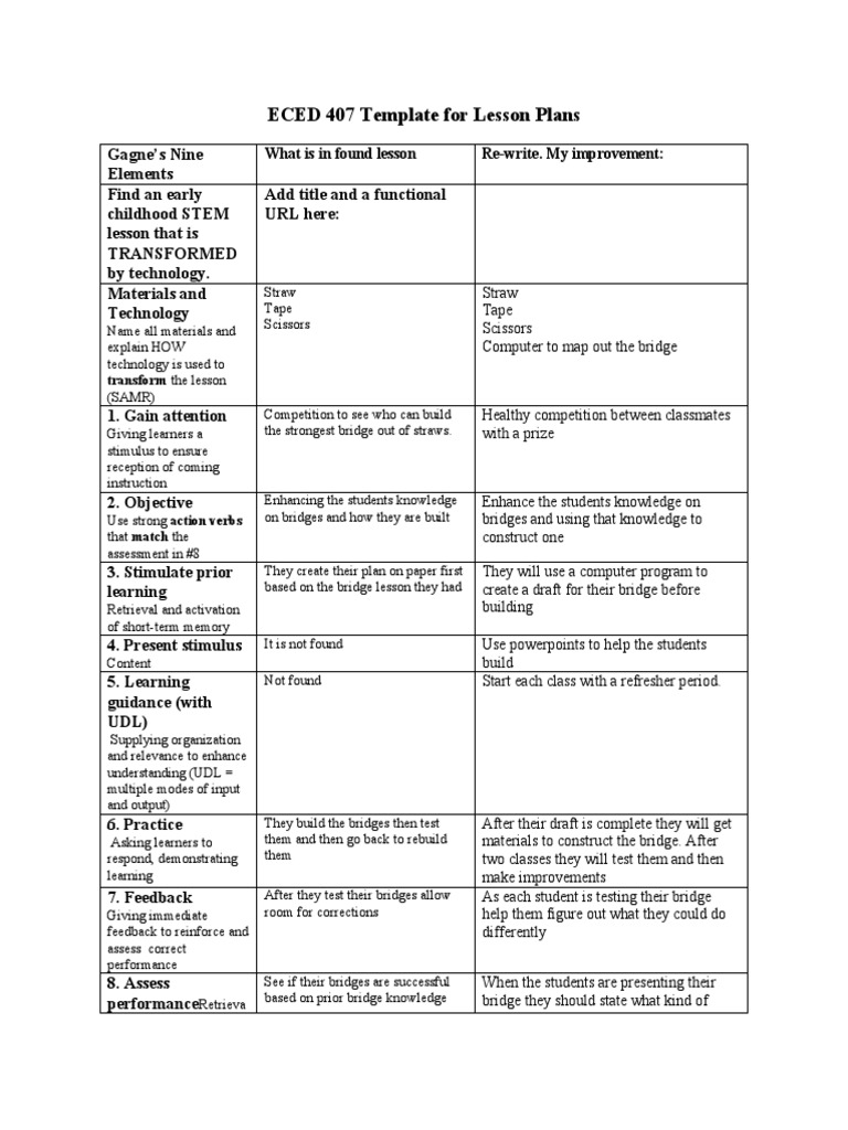 Gagne Lesson Plan Template To Improve Lesson 1 | PDF | Instructional ...