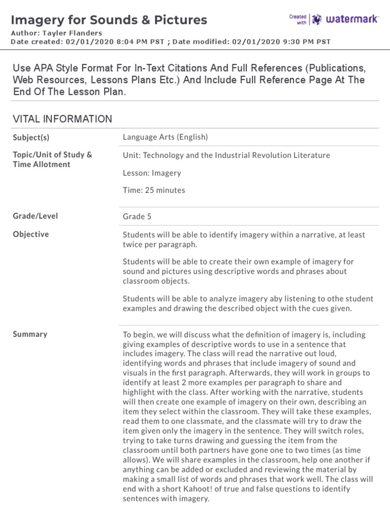 Imagery Lesson Plan | Download Free PDF | Phonics | Lesson Plan