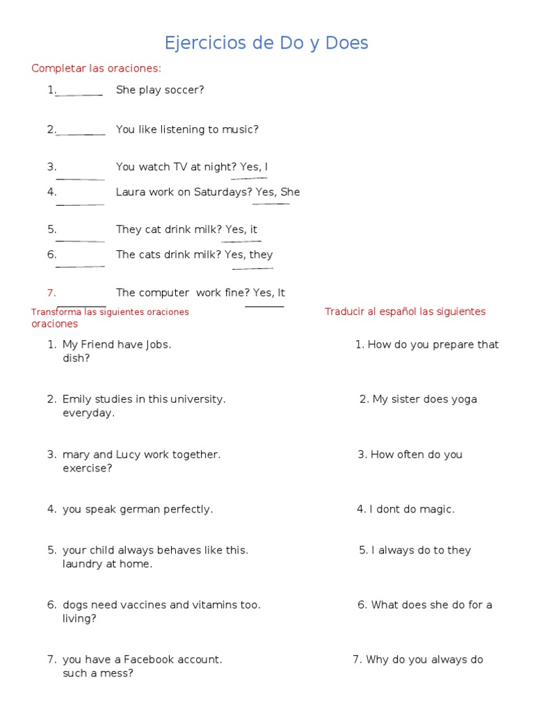 Ejercicios de Do y Does para Niños | PDF