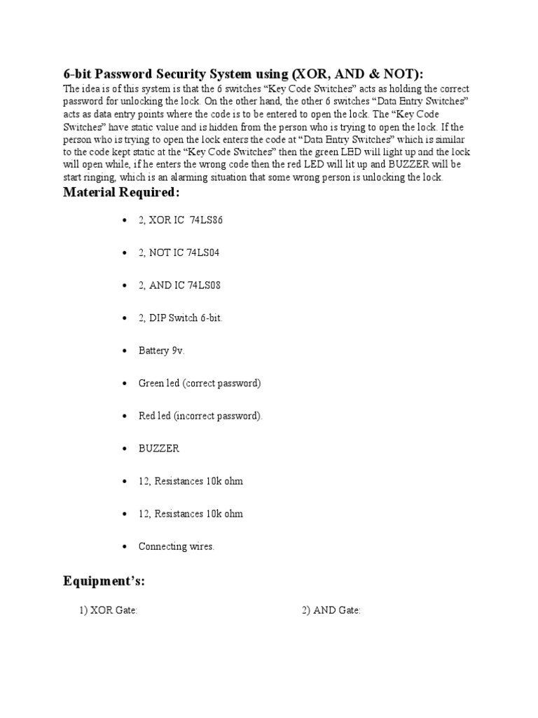 6-Bit Password Security System Using (XOR, AND & NOT) | PDF | Electrical Resistance And ...