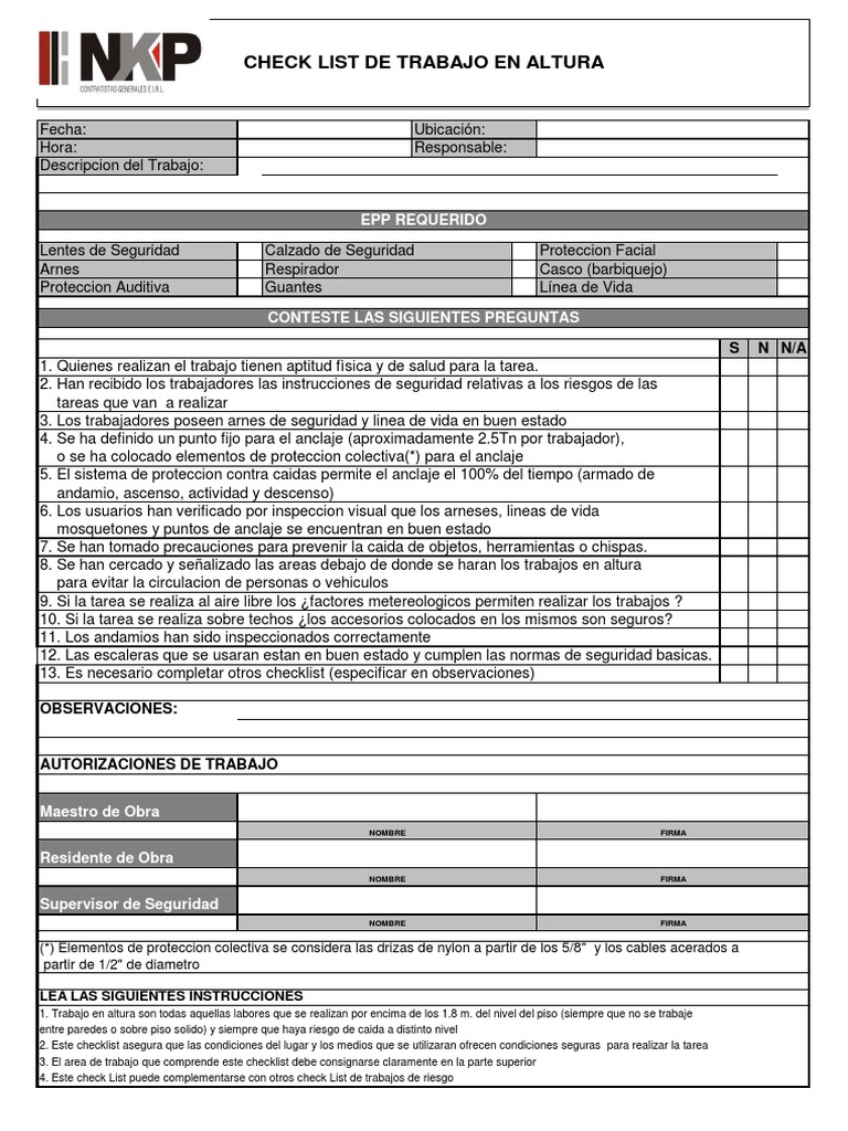 Checklist de Seguridad para Trabajo en Altura | PDF | Andamio