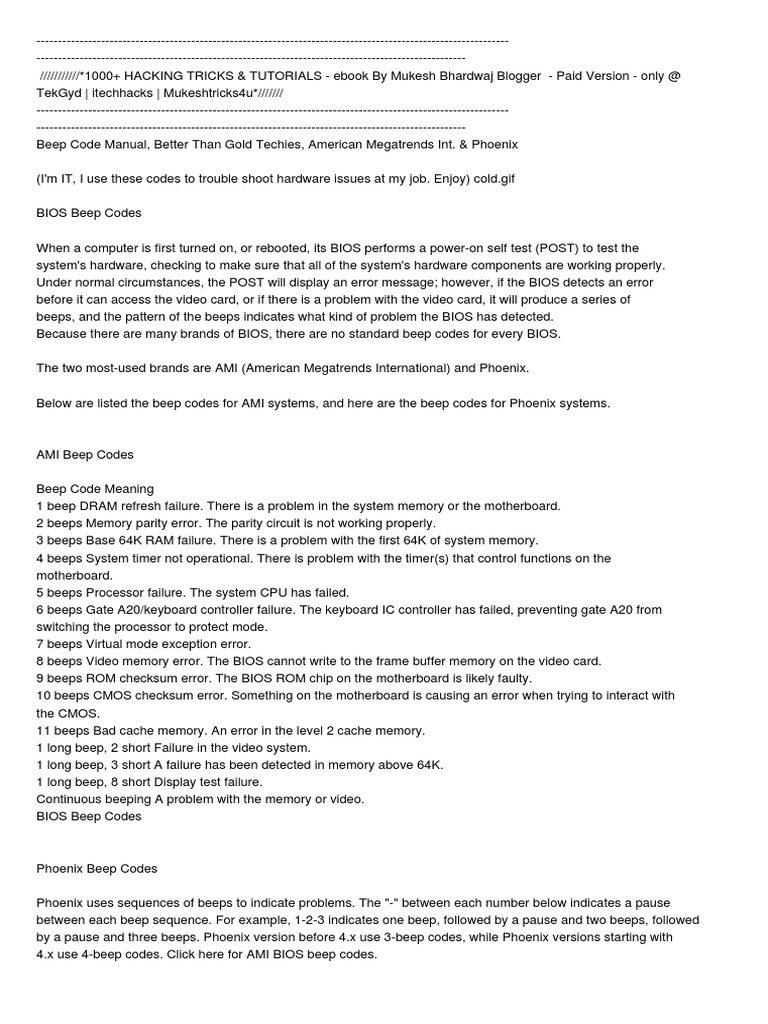 Beep Code Manual PDF | PDF | Bios | Classes Of Computers