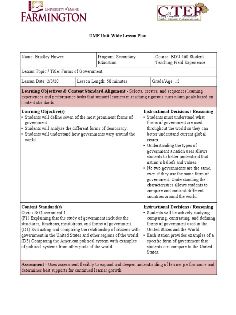 Chapter 1 Section 2 Monday Types of Government Lesson Plan | PDF ...