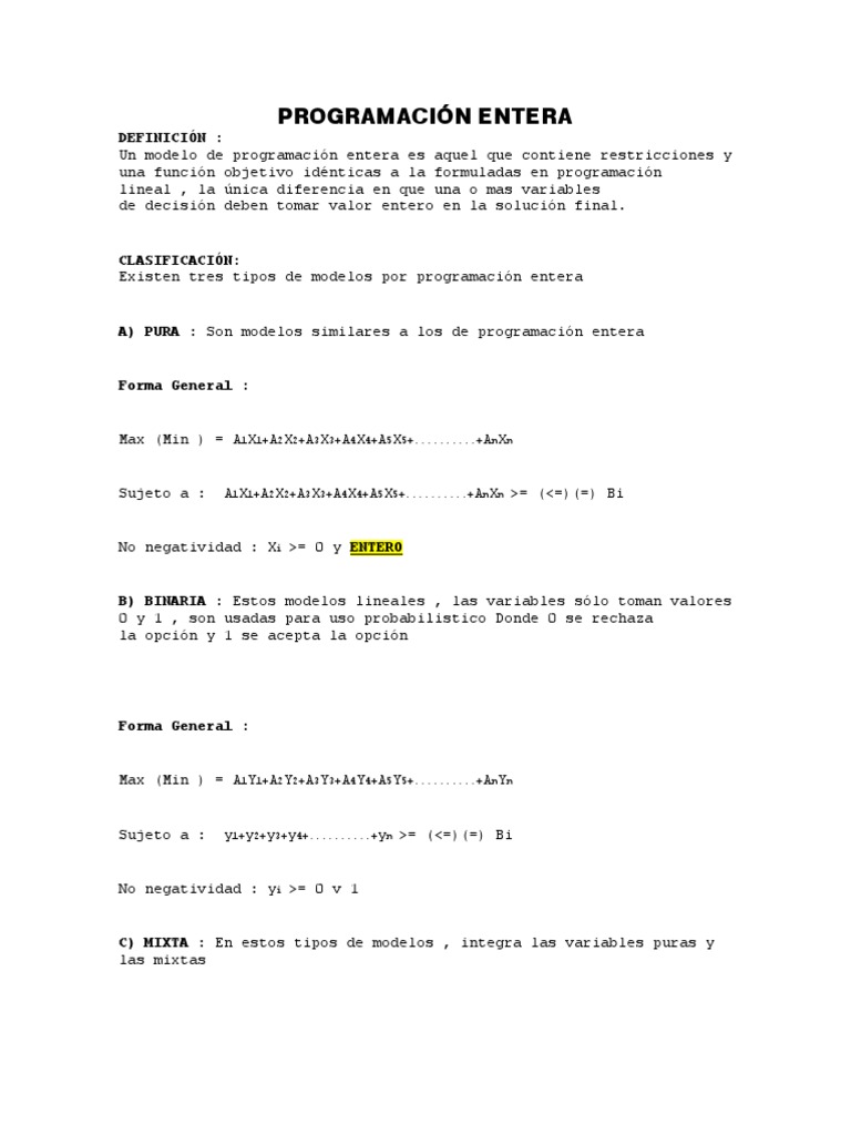 Modelos de Programación Entera | PDF | Programación lineal | Áreas de ...