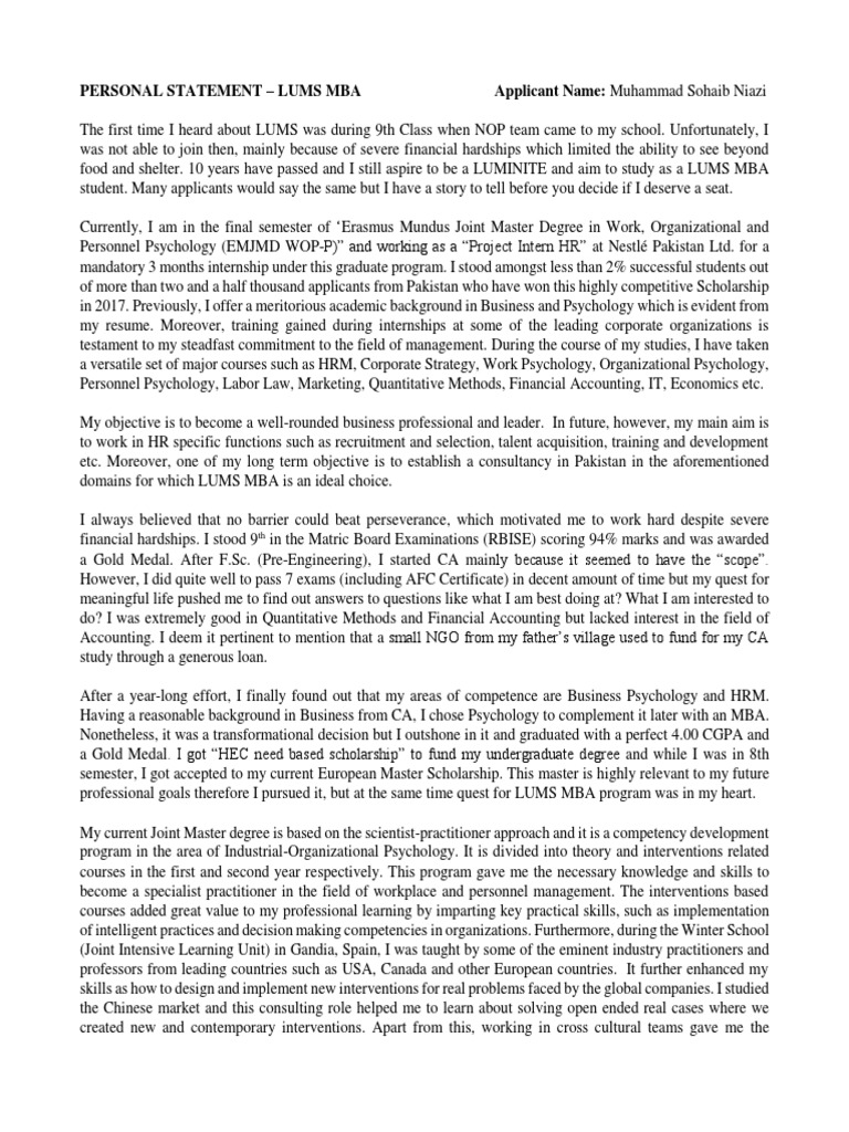 Personal Statement - Lums Mba Applicant Name: Muhammad Sohaib Niazi ... Personal Statement - Lums Mba Applicant Name: Muhammad Sohaib Niazi ...