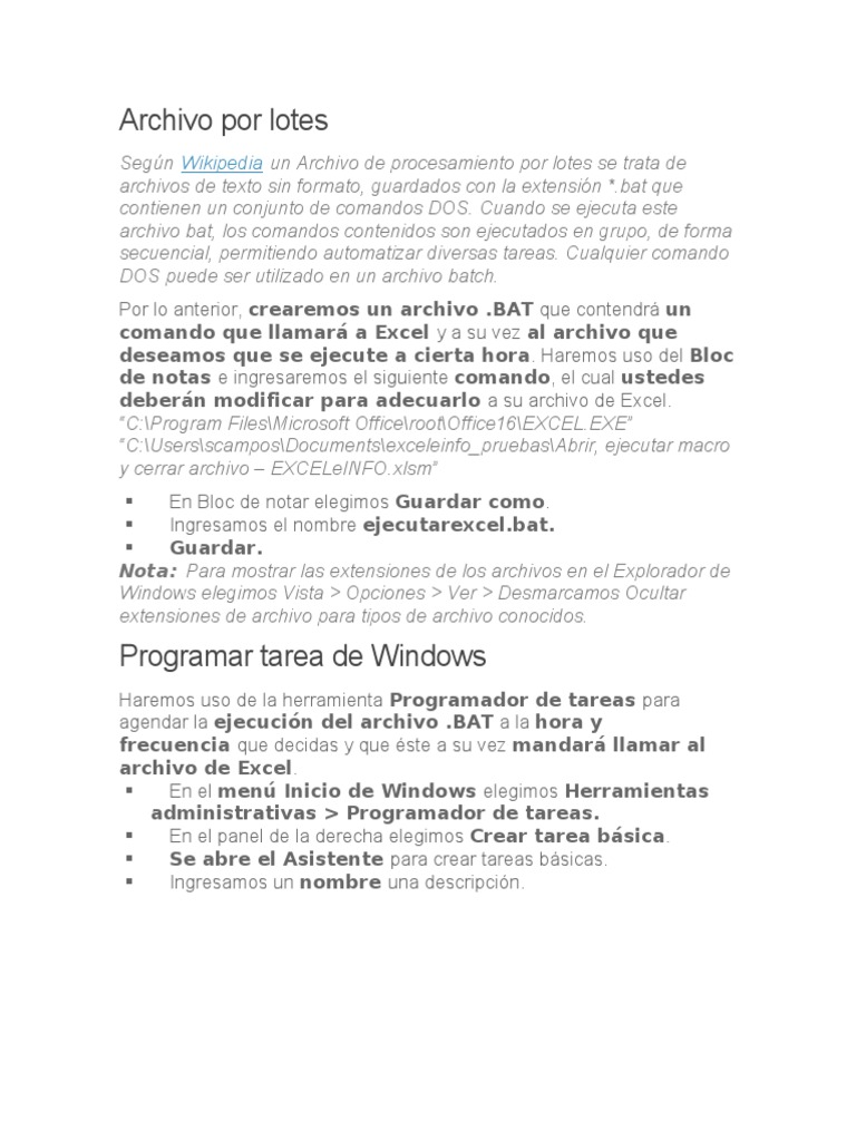 Configuración y ejecución de tareas programadas mediante archivos batch para automatizar ...